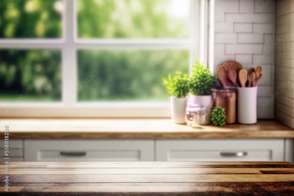 ภาพประกอบสต็อก Kitchen window background with a blurred wood table top ...