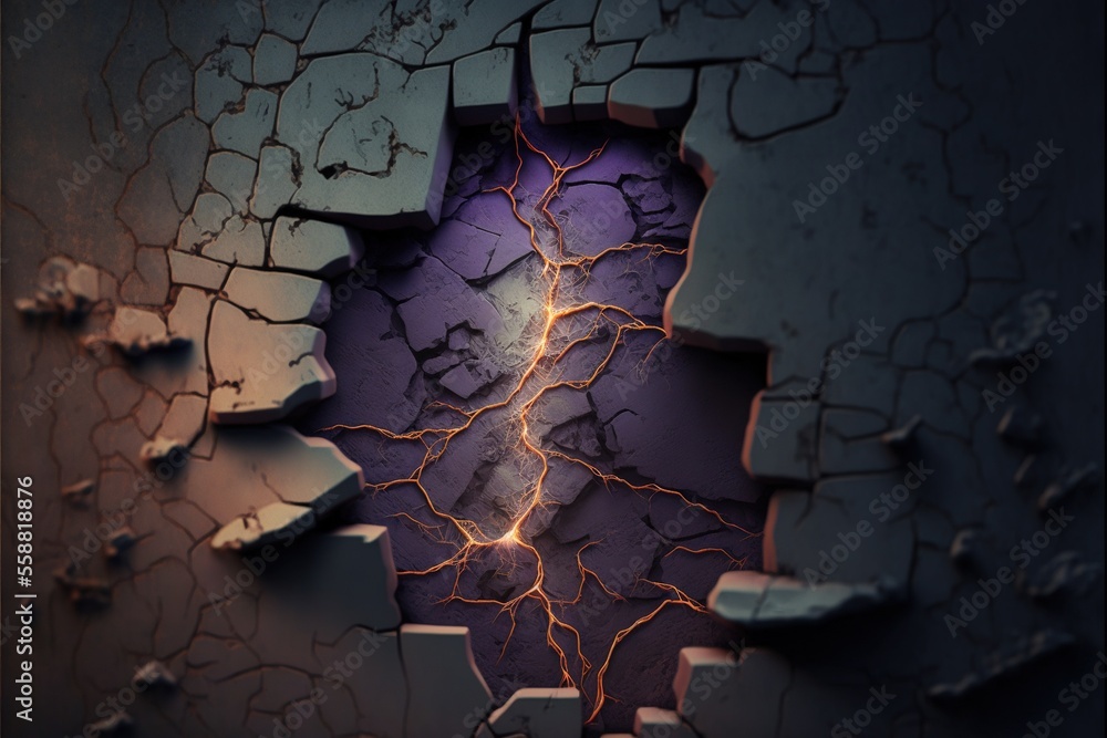 a cracked wall with a lightning bolt coming out of it and a crack in ...