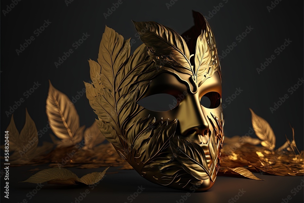 a gold mask with leaves surrounding it on a black background with a ...