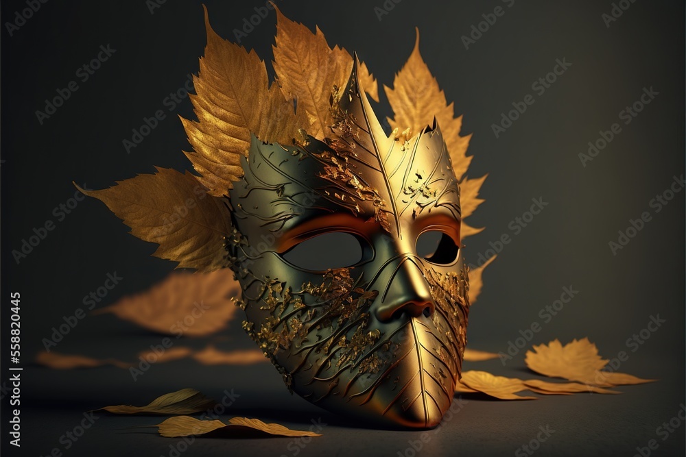 a gold mask with leaves on it and a black background with a black ...