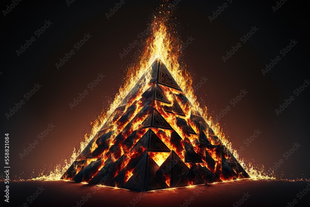 a pyramid with flames rising from it on a black background with a red ...