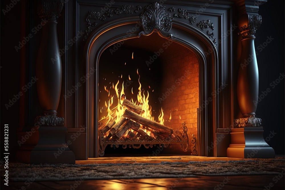 a fire place with a fire burning in it's fireplace and a rug on the ...