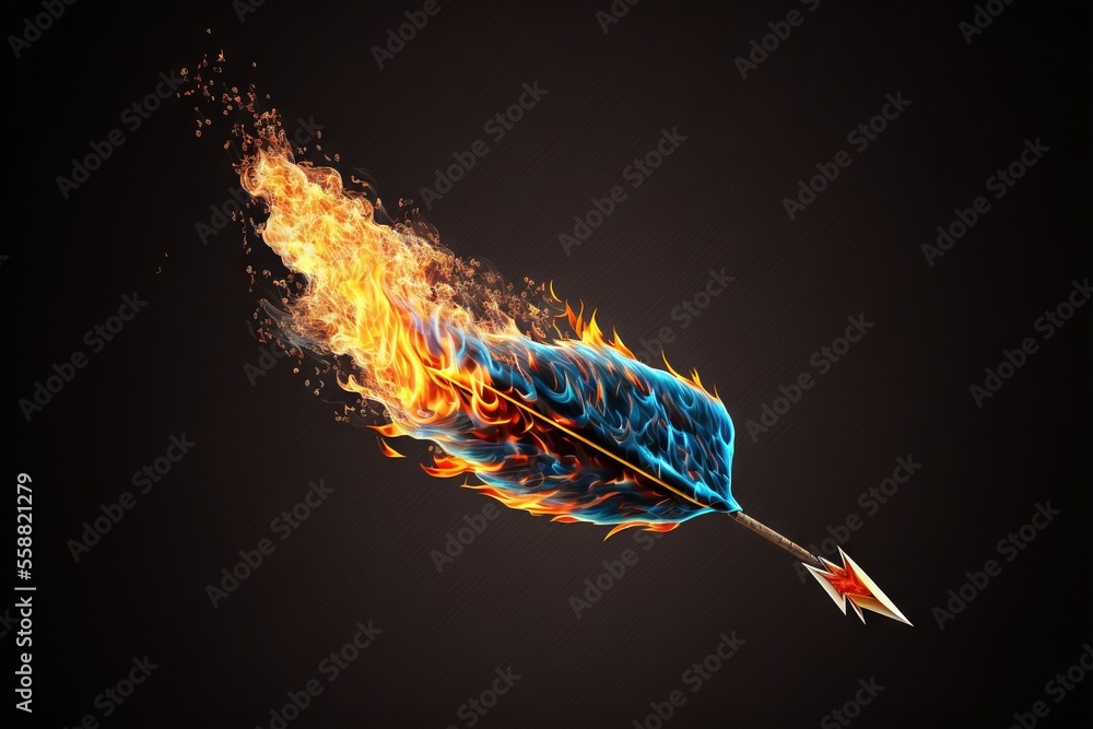 a blue feather with a red arrow on fire on a black background with a ...