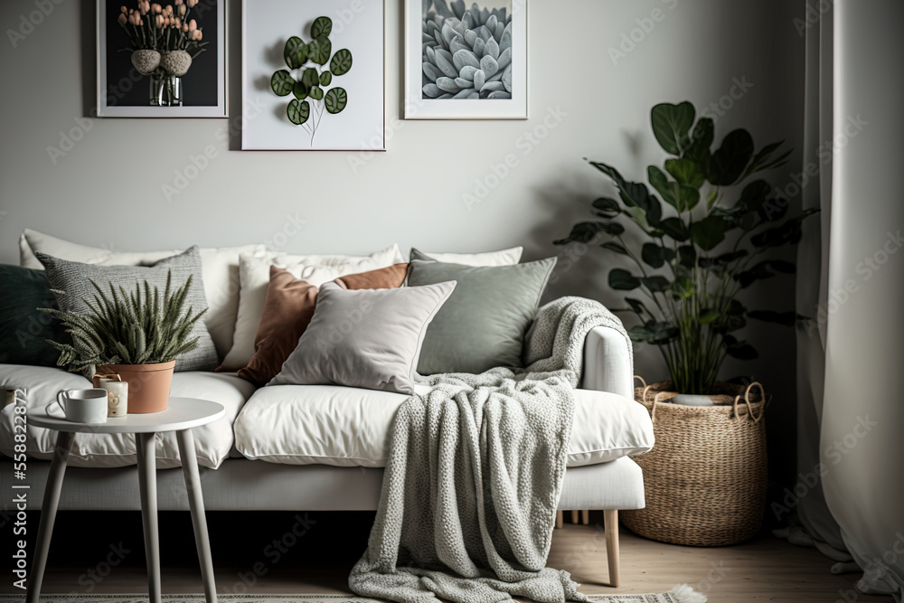 Above a Scandinavian sofa with a knot cushion and a grey blanket are ...