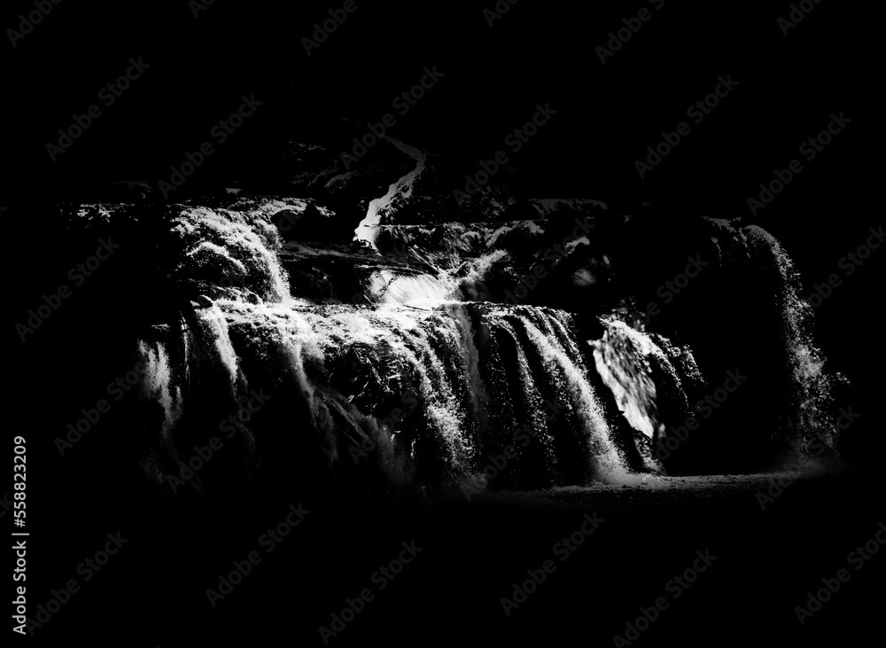 Waterfall isolated on the black background. Royalty high-quality free ...