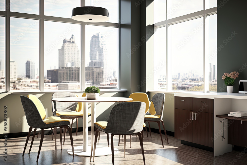 Interior shots of a chic corporate break room with a big lunch table ...