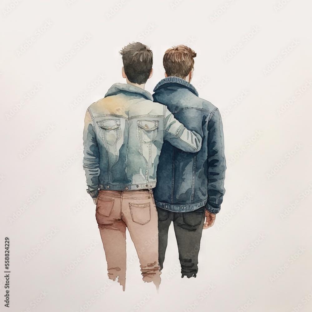 two men in denim jackets are facing each other and facing away from the ...