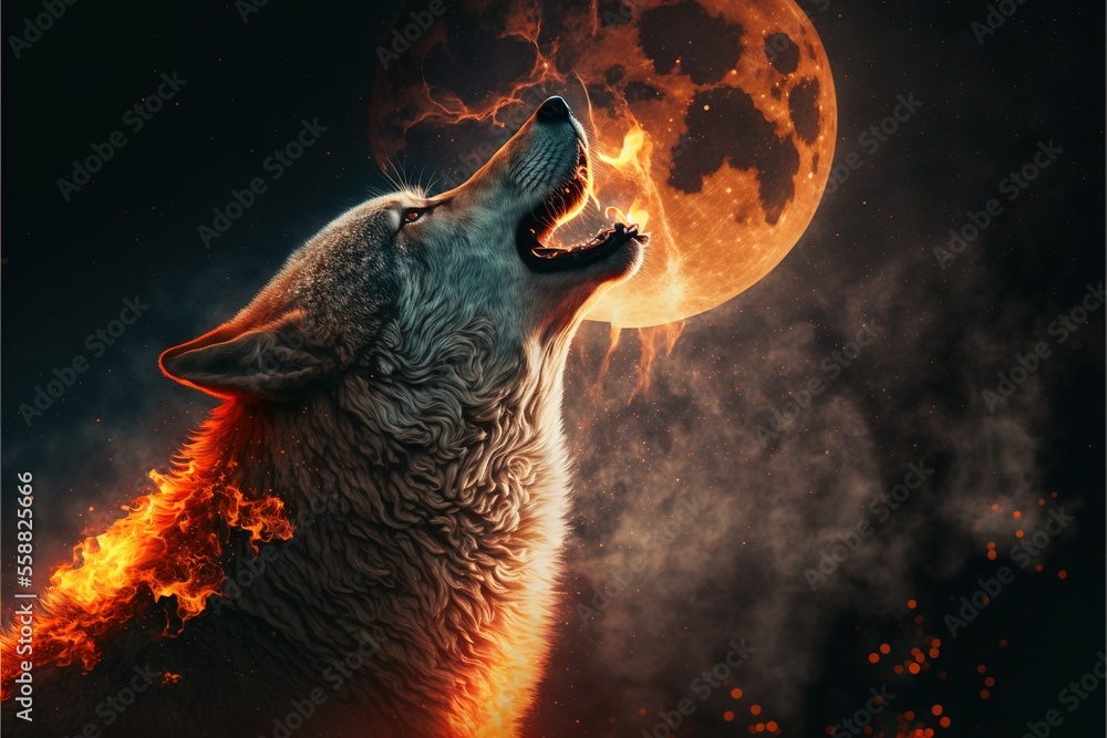 a wolf is howling in front of a full moon with its mouth open and it's ...