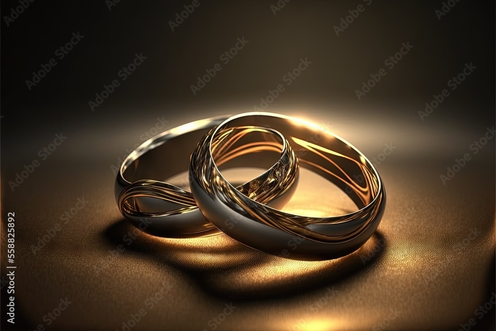 two gold wedding rings on a shiny surface with a light shining on them ...