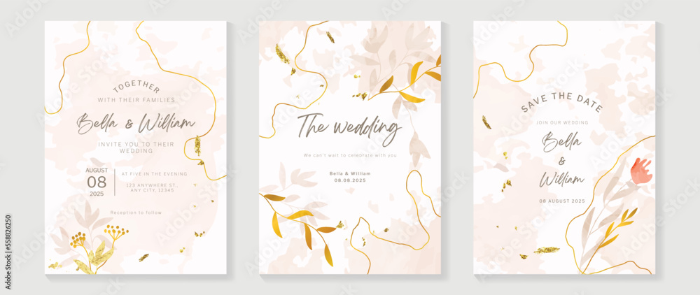 Luxury wedding invitation card background with golden texture line art ...