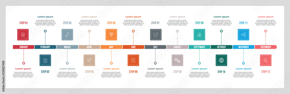 Timeline infographic square with 12 steps. Colourful timeline vector ...