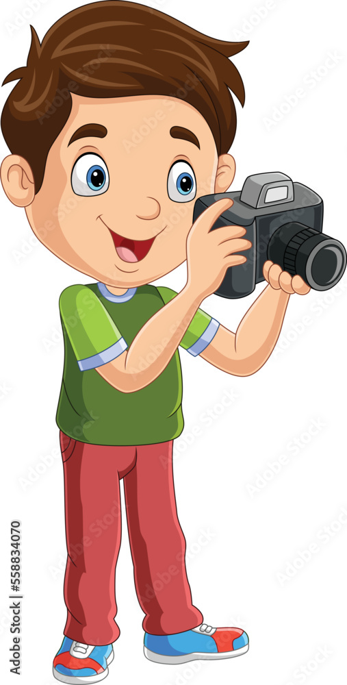 Cartoon boy taking photo using a digital camera Stock Vector | Adobe Stock