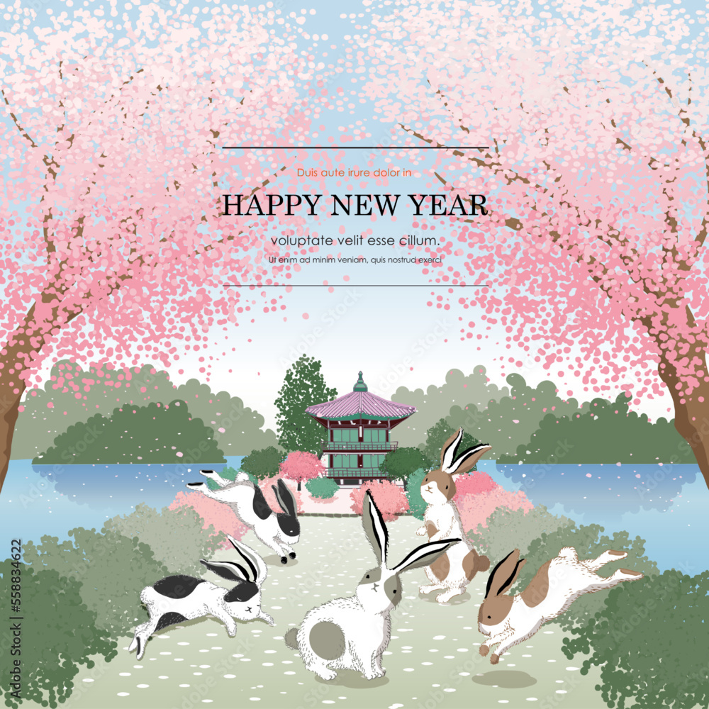 Vector illustration of rabbits in the spring scenery of Korean. Design ...
