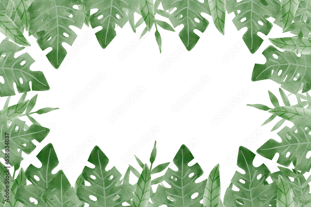 Tropical leaves frame watercolor. Jungle leaves watercolor banner ...