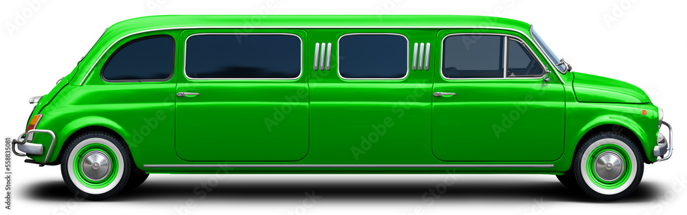 A limousine based on a small classic European car in full green. Side ...