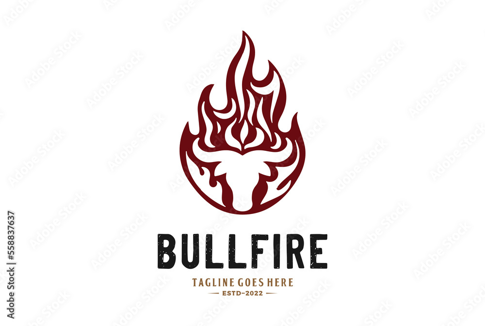 Vintage Burn Flame Fire with Angus Cow Bull Bison Longhorn Buffalo Head ...
