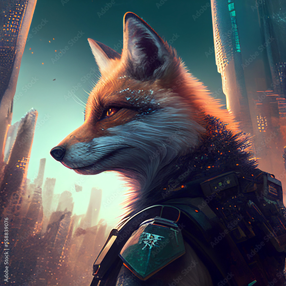 Anthro Red Fox living in Sci-fi city, futuristic building architecture ...