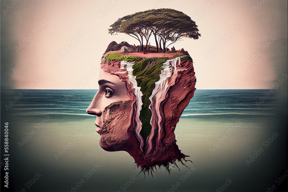 Surreal painting of a human head with a tree growing out of his head ...