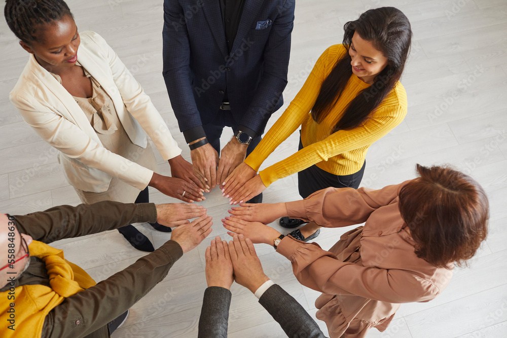 Diverse multiethnic team of happy business people standing in a circle ...