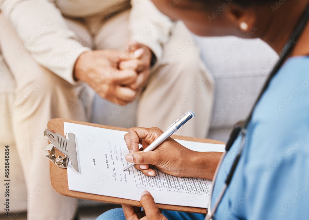Nurse, clipboard and medical checklist with patient for healthcare ...