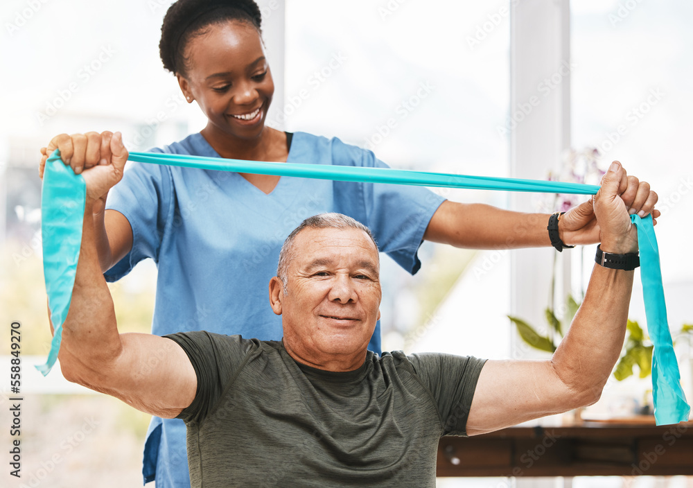 Foto de Physiotherapy support, stretching band and nurse with senior man for physical therapy ...