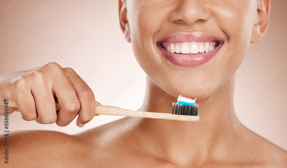 Woman, cosmetics and brushing teeth for dental hygiene, smile and clean ...