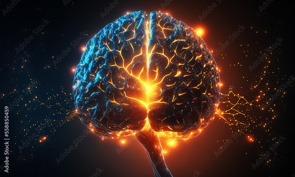 Glowing brain background with neural links network. Illustration representing artificial ...