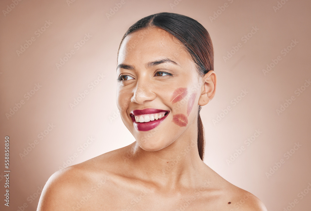 Beauty, makeup and woman with lipstick and cosmetics on a studio ...