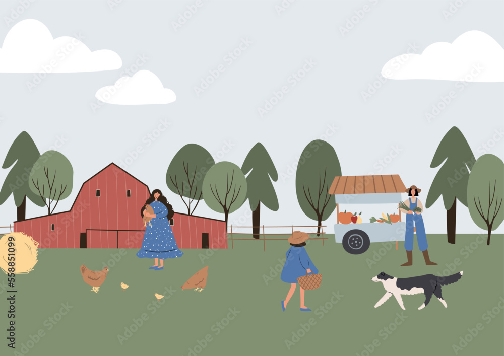 Printable farm life scenery poster, farm landscape illustration ...