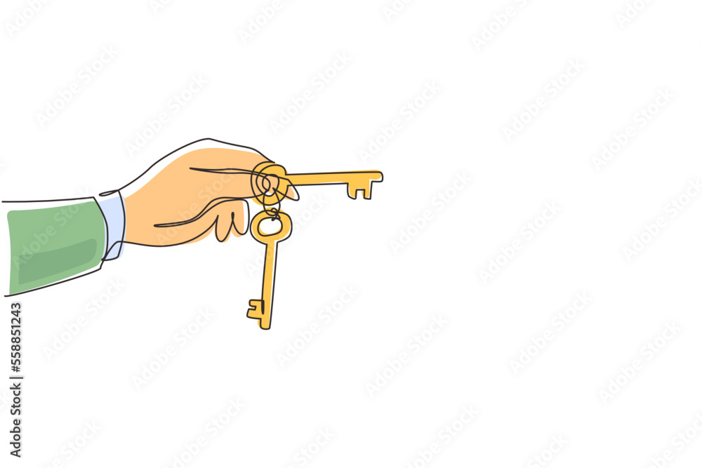Continuous one line drawing woman's hand with old keys. Retro style ...