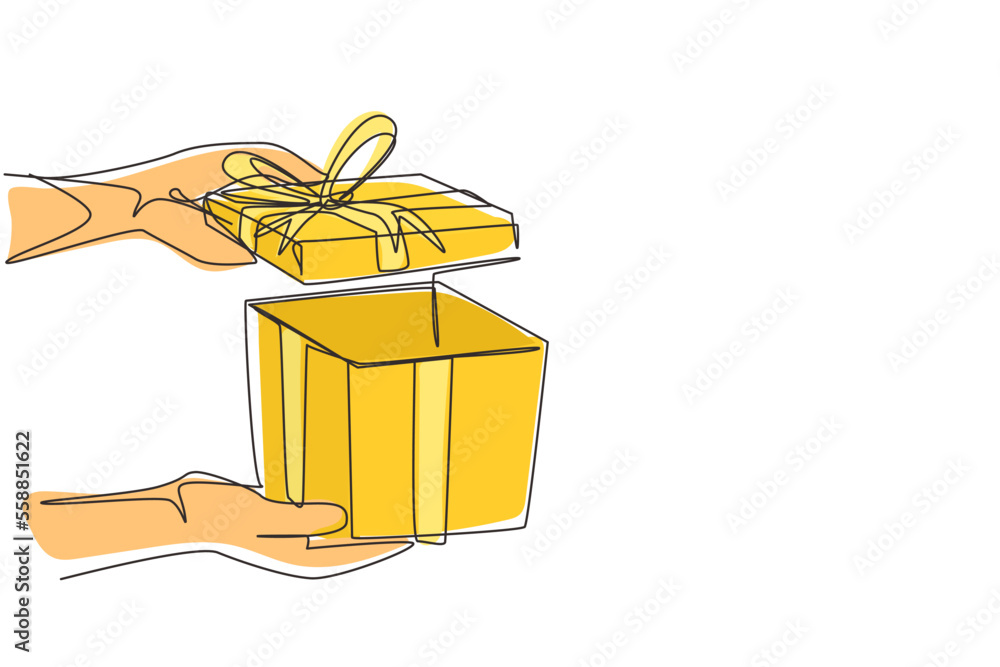 Continuous one line drawing woman holding gift box on holiday. Opened ...
