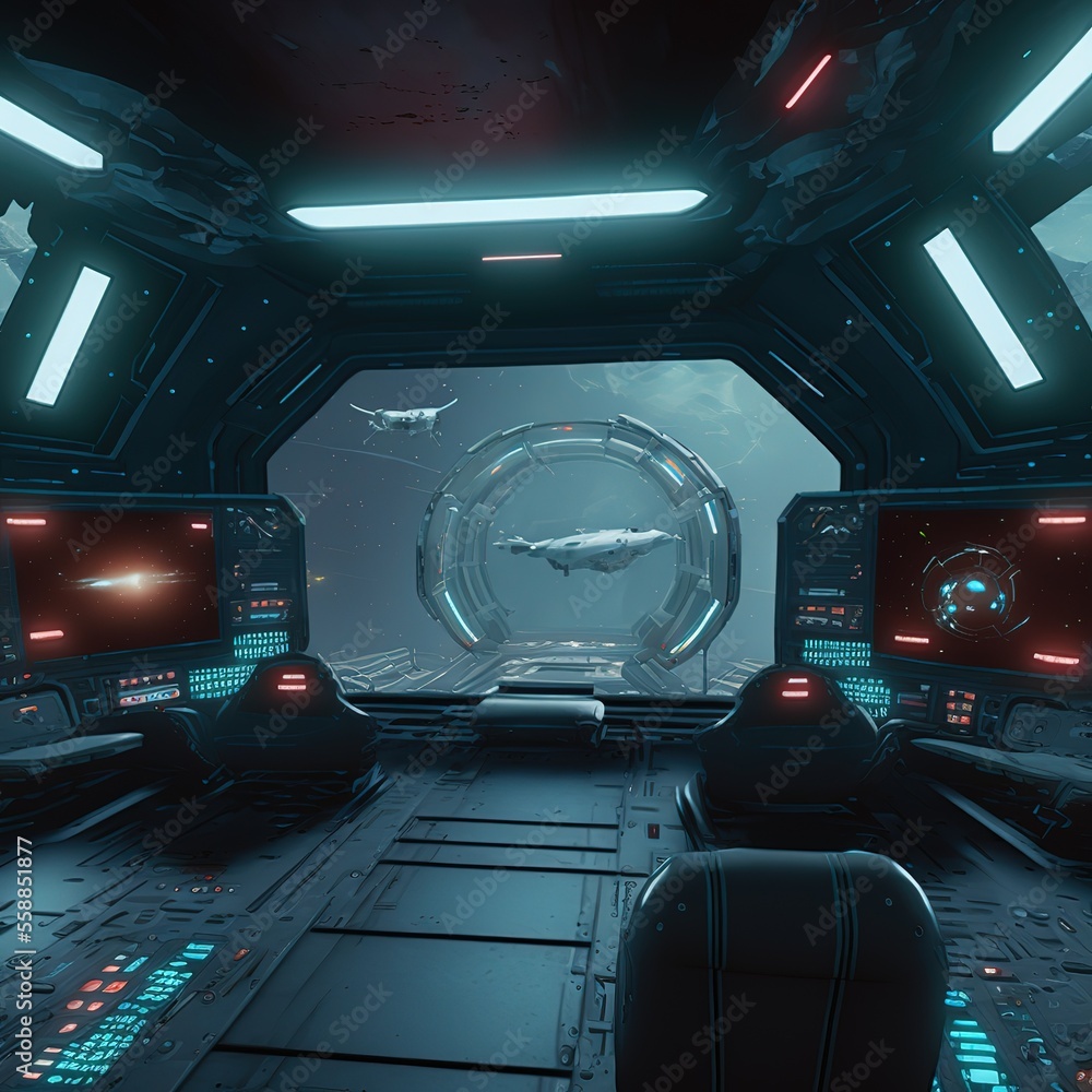 Cockpit of space warship with large windshield in cosmos AI Stock ...