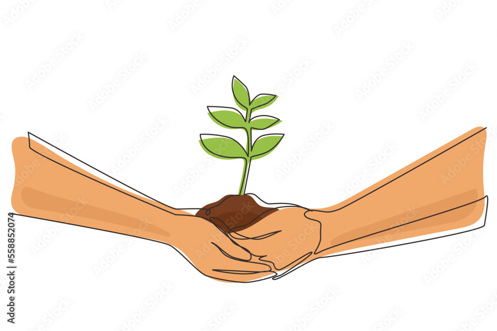 Continuous one line drawing two hands holding together a green young ...