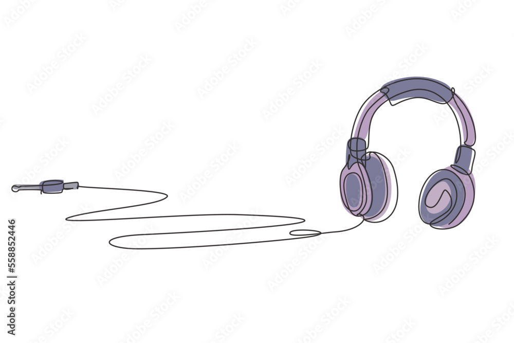 Single one line drawing woman listening to music. Headphones musical ...