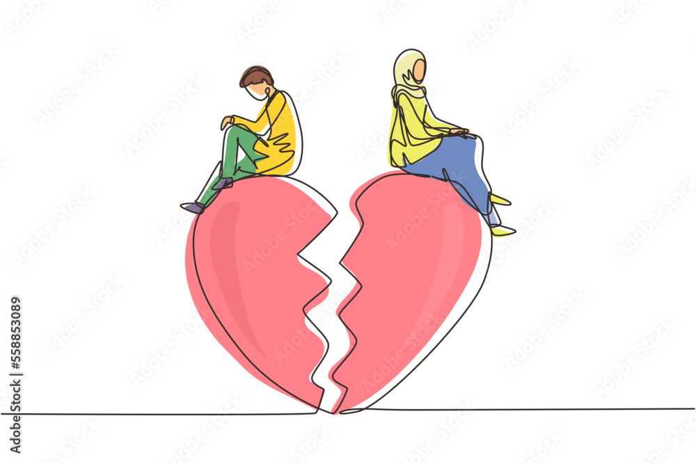 Continuous one line drawing relationship break up, broken heart, couple ...