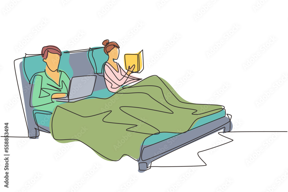 Single continuous line drawing couple spending time in bed with ...