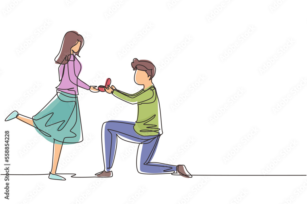 Single continuous line drawing man kneeling offering engagement ring to ...