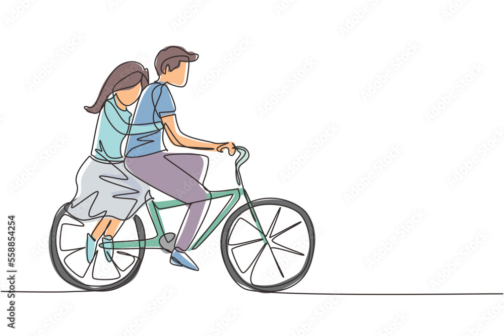 Continuous one line drawing romantic couple. Happy couple is riding ...