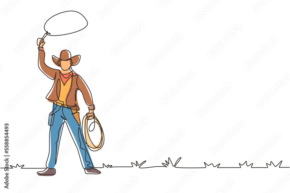 Single continuous line drawing western cowboy standing and throwing ...