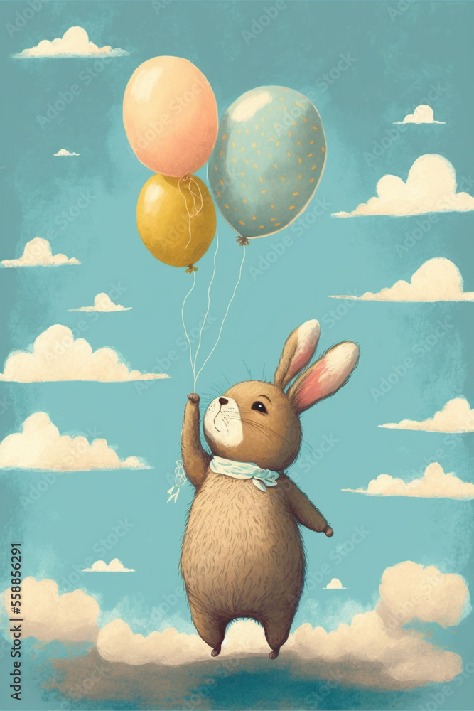 Cute rabbit flies on balloons in the clouds. AI generated Stock ...