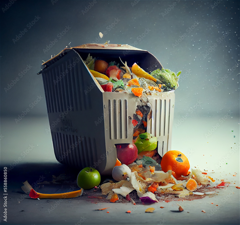 Food in perfect state in a dumpster, representing food waste ...