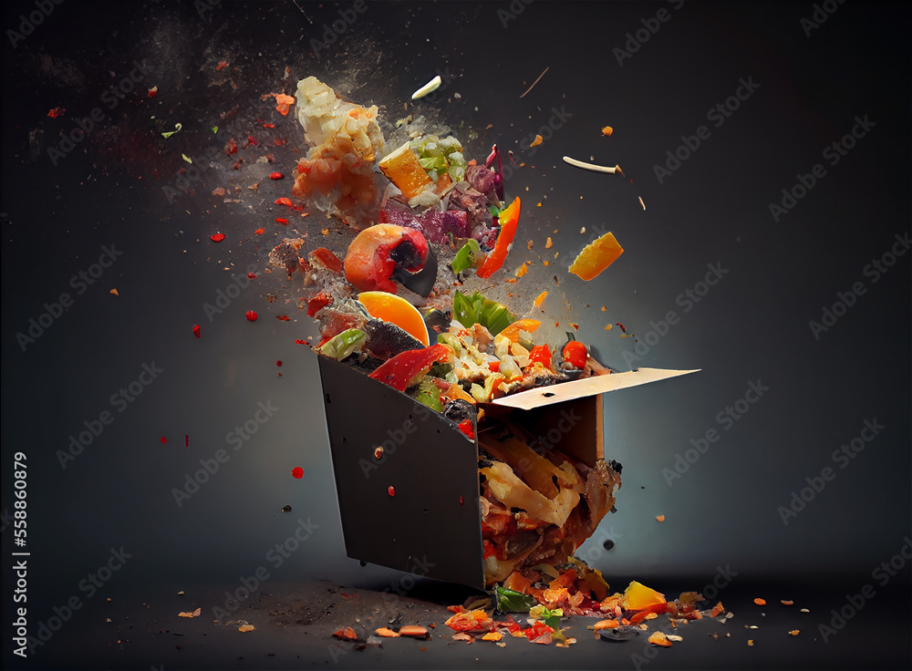 Food in perfect state in a dumpster, representing food waste ...