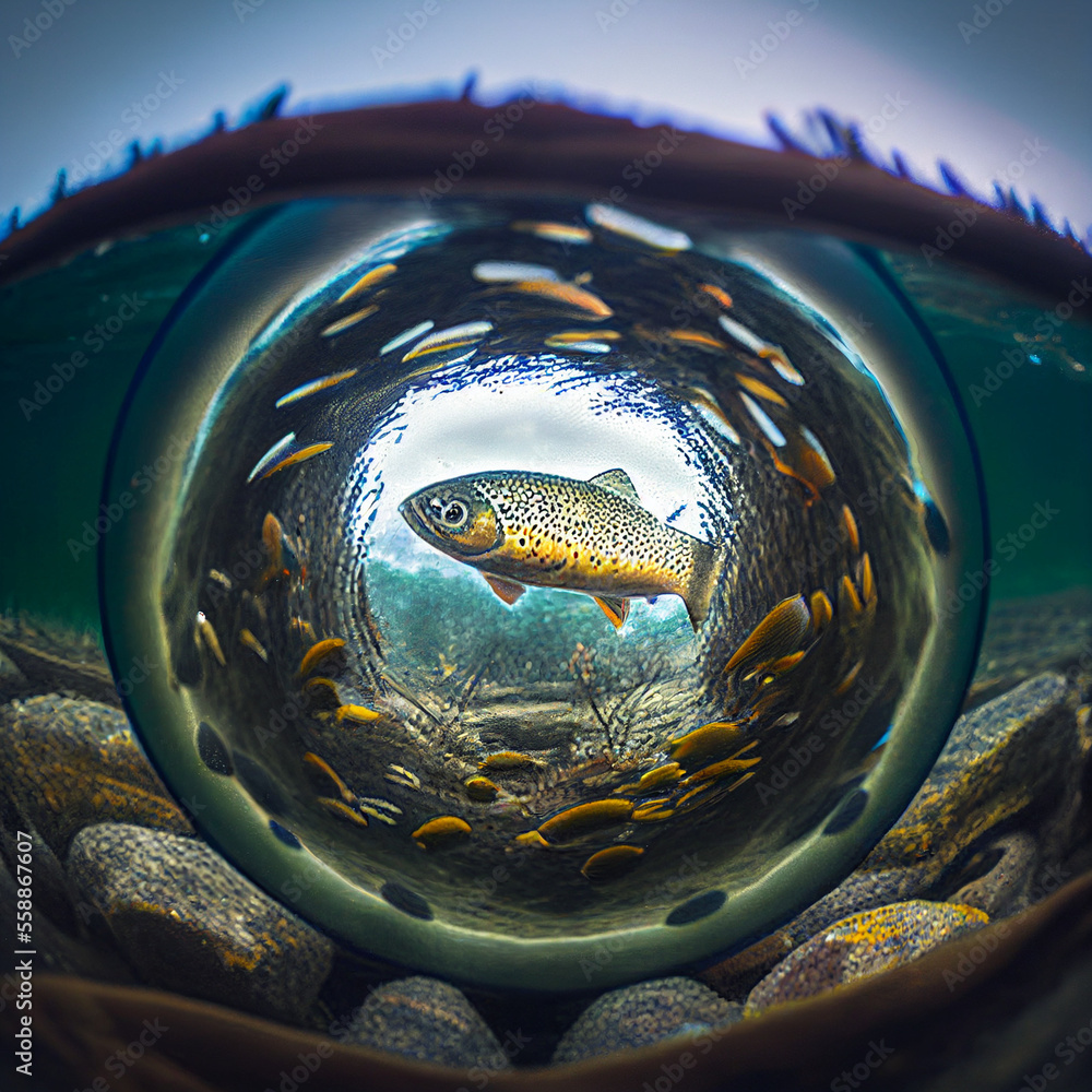 A hyper realistic render of a trout underwater with a fisheye effect ...