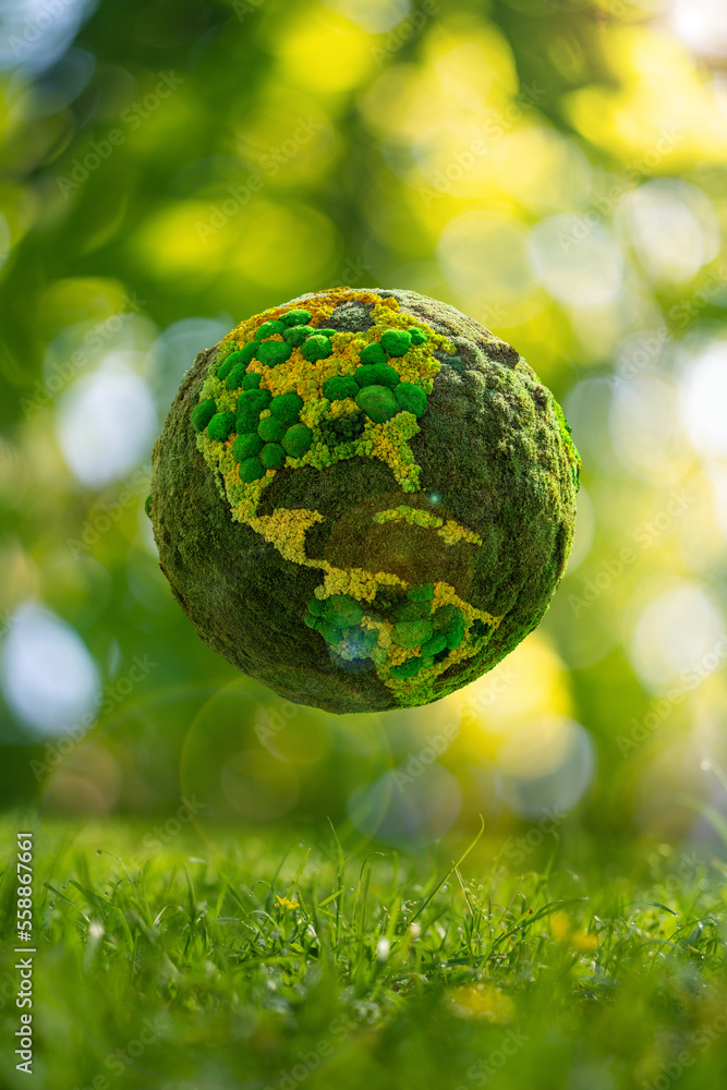 Green planet Earth from natural moss on a blured nature background ...
