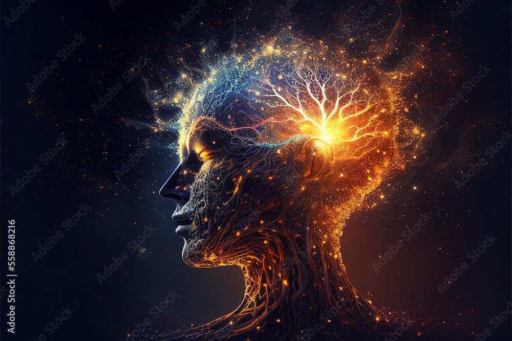 Human head with glowing neurons in brain. Esoteric and meditation ...