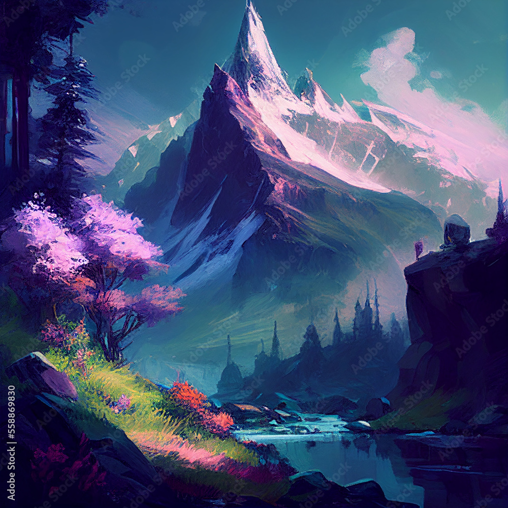 Mountain Peak and Valley Pink Flowers Landscape DND Roleplaying ...