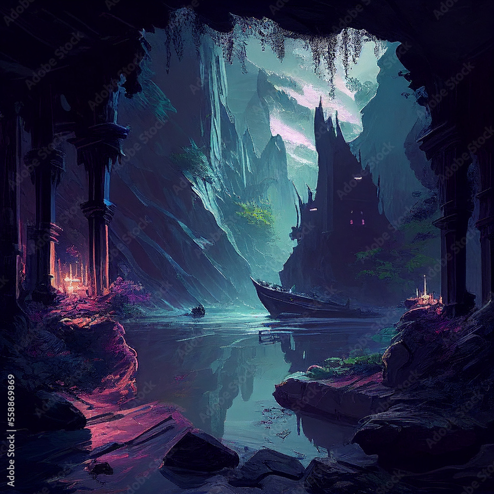 Underdark Caverns Landscape DND Roleplaying Purple Blue Cave Lake ...