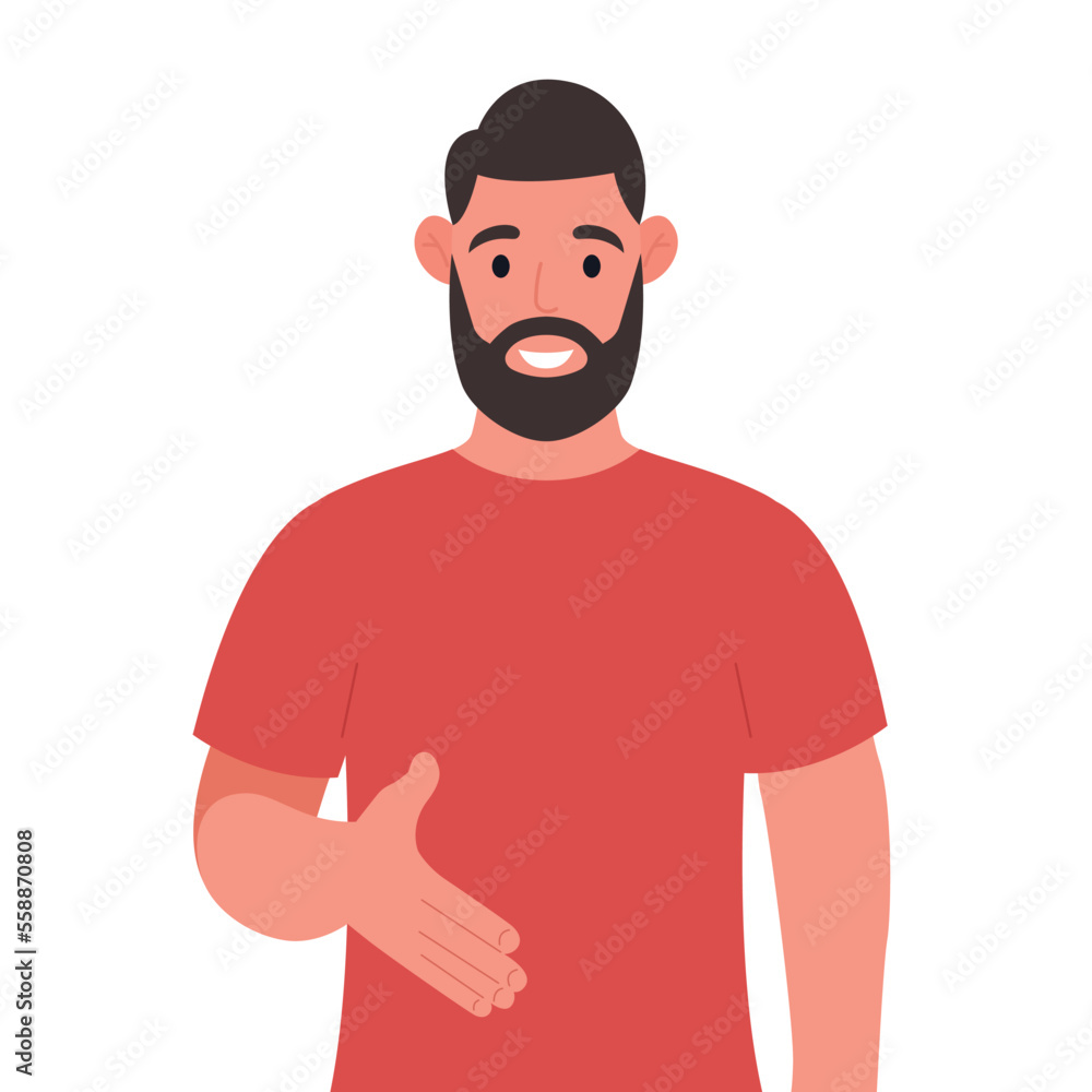 Bearded man giving hand shake pose and smiling with welcome gesture ...