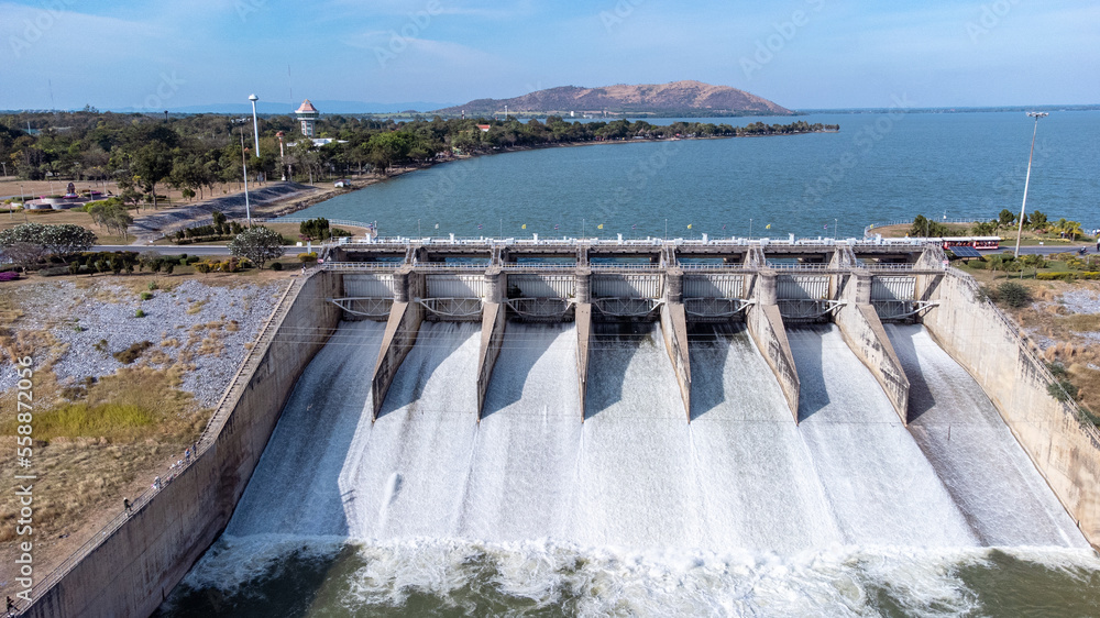 An aerial view over the Pasak Jolasid dam, Lopburi Province, Thailand ...