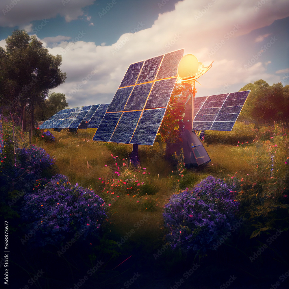 Solar panels in nature, created with Generative AI technology. Stock ...